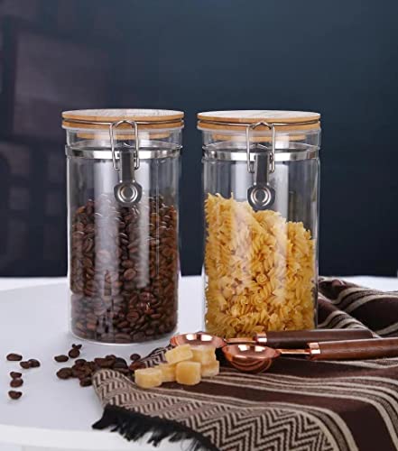 Glass Coffee Containers with Airtight Bamboo Lids & Shelf,Set of 2- 35oz Ground Coffee Canister Set With 2 Measuring Spoons, Coffe Bean Storage BPA Free Coffe Jar Glass Food Storage Jars Tea, Sugar,