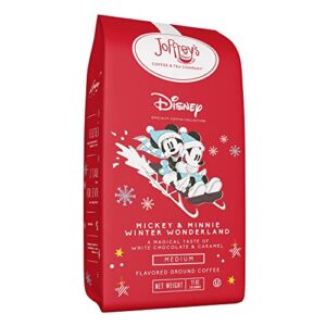 joffrey’s coffee & tea company disney mickey minnie winter wonderland, specialty collection, artisan medium roast coffee, white chocolate caramel flavored drip brew (ground, 11 oz)