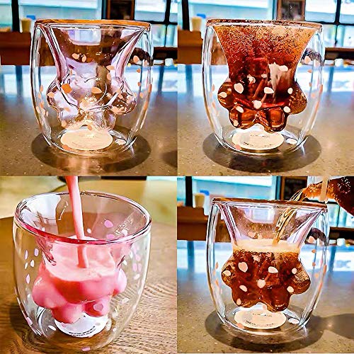 Cat Paw Cup Cute Mug Sakura Cup Double Wall Coffee Mugs Cat Foot Milk Glass Sakura Cup Gift for Coffee Tea