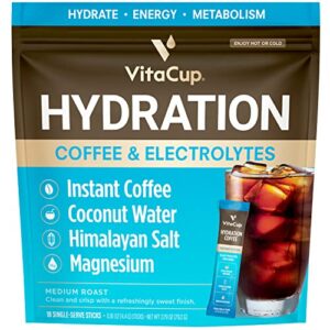 vitacup hydration coffee packets, the first coffee that hydrates you w/ electrolytes, coconut water, pink himalayan salt, magnesium, medium roast, instant coffee in single serve sticks, 18 ct