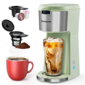 famiworths iced coffee maker, hot and cold coffee maker single serve for k cup and ground, with descaling reminder and self cleaning, iced coffee machine for home, office and rv, green