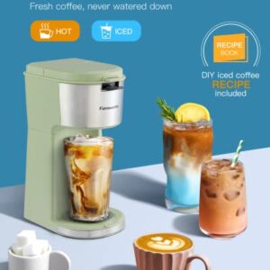 Famiworths Iced Coffee Maker, Hot and Cold Coffee Maker Single Serve for K Cup and Ground, with Descaling Reminder and Self Cleaning, Iced Coffee Machine for Home, Office and RV, Green