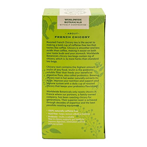 Worldwide Botanicals Organic French Chicory Root Tea – 50% more herbs with 3g per tea bag – Prebiotic Roasted Herbal Tea – Acid Free, Caffeine Free, Kosher, 25 tea bags