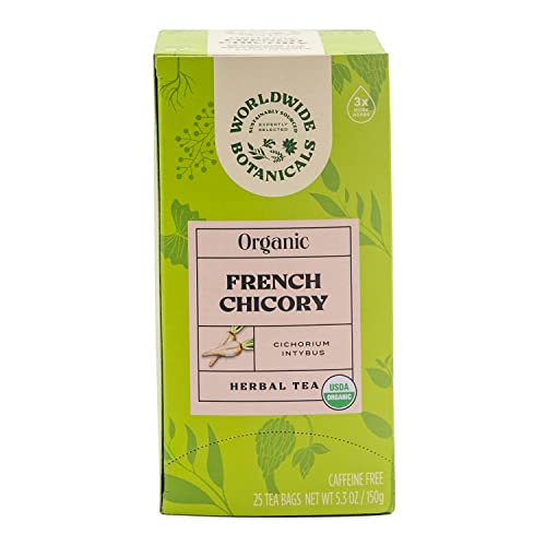 Worldwide Botanicals Organic French Chicory Root Tea – 50% more herbs with 3g per tea bag – Prebiotic Roasted Herbal Tea – Acid Free, Caffeine Free, Kosher, 25 tea bags