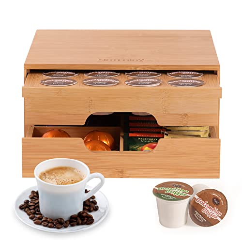 Bamboo Coffee Pods Holder Capsules Storage Drawer Compatible with Keurig K Cup Pods 2-tier K Cup Tea Bag Organizer for Kitchen Office Coffee Bar