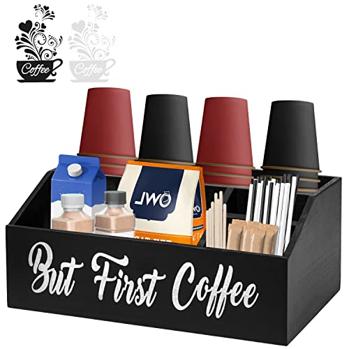 Coffee Station Organizer With 2 Coffee Tea Sign Stickers |Wooden Coffee Bar Bin Box, Farmhouse Coffee Caddy Countertop Decor, Coffee Pod Holder , Wooden Decor for Coffee Lover (Black)