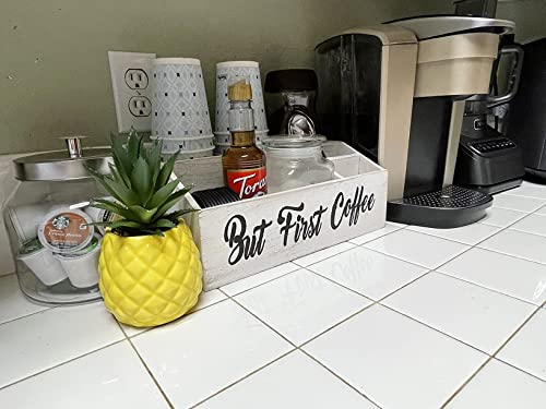 Coffee Station Organizer With 2 Coffee Tea Sign Stickers |Wooden Coffee Bar Bin Box, Farmhouse Coffee Caddy Countertop Decor, Coffee Pod Holder , Wooden Decor for Coffee Lover (Black)