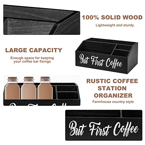 Coffee Station Organizer With 2 Coffee Tea Sign Stickers |Wooden Coffee Bar Bin Box, Farmhouse Coffee Caddy Countertop Decor, Coffee Pod Holder , Wooden Decor for Coffee Lover (Black)