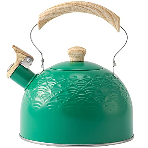 STOBAZA 2.5 Liter Whistling Tea Kettle Whistling Teapot Stainless Steel Tea Pots for Stove Top Whistling Boiling Kettle with Wood Pattern Handle for Tea, Coffee, Milk Tea Pot - Green