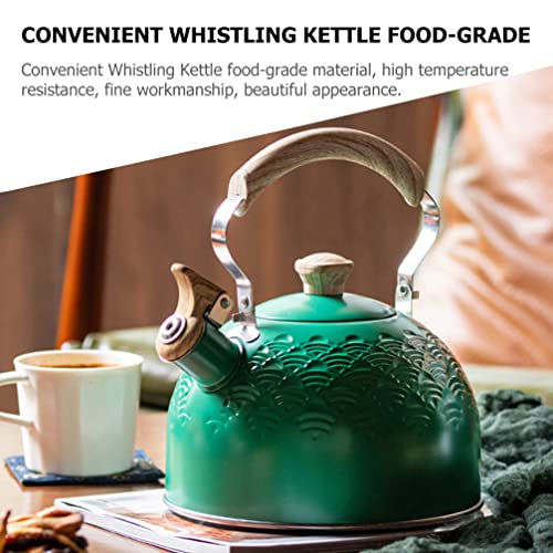 STOBAZA 2.5 Liter Whistling Tea Kettle Whistling Teapot Stainless Steel Tea Pots for Stove Top Whistling Boiling Kettle with Wood Pattern Handle for Tea, Coffee, Milk Tea Pot - Green