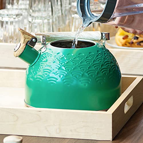 STOBAZA 2.5 Liter Whistling Tea Kettle Whistling Teapot Stainless Steel Tea Pots for Stove Top Whistling Boiling Kettle with Wood Pattern Handle for Tea, Coffee, Milk Tea Pot - Green