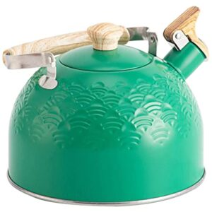 STOBAZA 2.5 Liter Whistling Tea Kettle Whistling Teapot Stainless Steel Tea Pots for Stove Top Whistling Boiling Kettle with Wood Pattern Handle for Tea, Coffee, Milk Tea Pot - Green