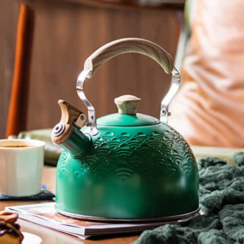 STOBAZA 2.5 Liter Whistling Tea Kettle Whistling Teapot Stainless Steel Tea Pots for Stove Top Whistling Boiling Kettle with Wood Pattern Handle for Tea, Coffee, Milk Tea Pot - Green