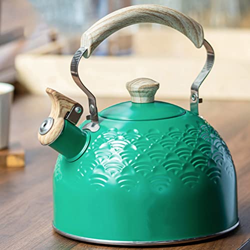 STOBAZA 2.5 Liter Whistling Tea Kettle Whistling Teapot Stainless Steel Tea Pots for Stove Top Whistling Boiling Kettle with Wood Pattern Handle for Tea, Coffee, Milk Tea Pot - Green