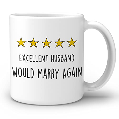 OGILRE Funny Quote 5 Stars Excellent Husband Would Marry Again Ceramic Double Side Printed Mug Cup,Funny Husband Hilarious Gift Coffee Milk Tea Mug Cup,Anniversary Valentine Gift For Husband - 11 oz