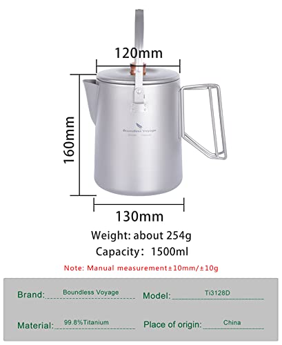 Boundless Voyage Titanium Camping Coffee Pot 1.5L Barista Kettle Coffee Maker Outdoor Traveling Campfire Stovetop Fast Brew Kettle, Capacity 50 Fl.Oz