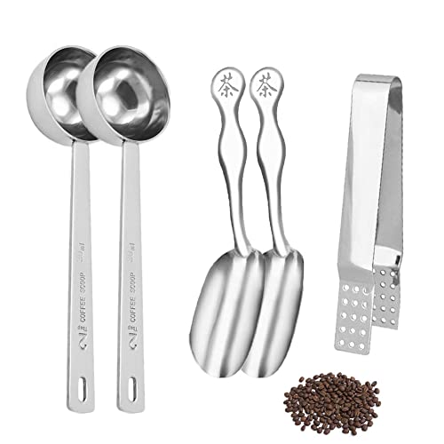 WoYous Tea Scoop, 5 Pcs Tea Scoop For Loose Tea Set Stainless Steel Silver Tea Measuring Spoon Tea Bag Squeezer and Small Tea Scoops for Home Tea Coffee Milk Sugar