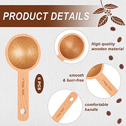 6 Pieces Wooden Coffee Spoon in Beech Coffee Scoop Measuring Scoop for Coffee Beans Wood Table Spoon for Whole Beans Ground Beans or Tea, Home Kitchen Accessories, 10 ml