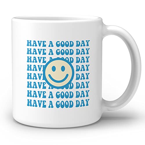 OGILRE Trendy Preppy Smiley Face Ceramic Double Side Printed Mug Cup,Inspirational Quote Have A Good Day Blue Preppy Coffee Milk Tea Mug Cup,Gifts For Teen Girls Teenage Girls - 11 oz