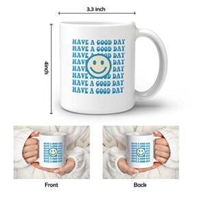 OGILRE Trendy Preppy Smiley Face Ceramic Double Side Printed Mug Cup,Inspirational Quote Have A Good Day Blue Preppy Coffee Milk Tea Mug Cup,Gifts For Teen Girls Teenage Girls - 11 oz