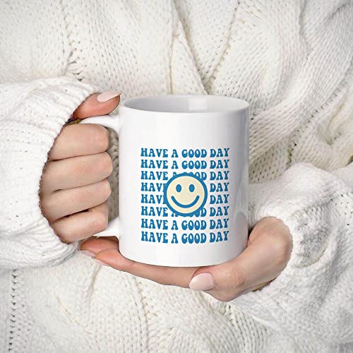 OGILRE Trendy Preppy Smiley Face Ceramic Double Side Printed Mug Cup,Inspirational Quote Have A Good Day Blue Preppy Coffee Milk Tea Mug Cup,Gifts For Teen Girls Teenage Girls - 11 oz