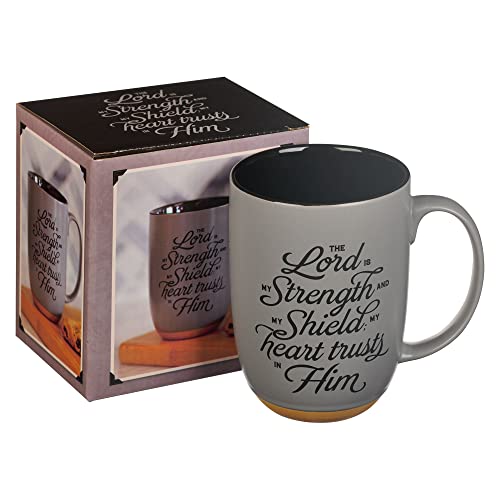 Christian Art Gifts Large Ceramic Coffee & Tea Scripture Mug for Men: Lord is My Strength - Ps. 28:7 Inspirational Bible Verse, Microwave/Dishwasher Safe Lead-Free Cup w/Clay Base, Gray/Black, 15 oz.