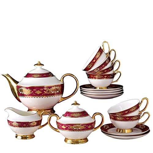 TREXD 15 Pcs Good Quality Bone China Red Stickers Coffee Set Relief Porcelain Tea Set