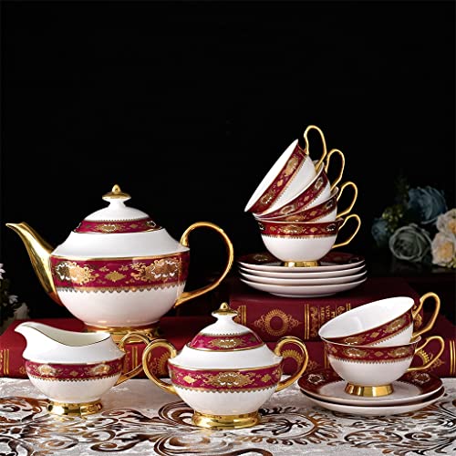 TREXD 15 Pcs Good Quality Bone China Red Stickers Coffee Set Relief Porcelain Tea Set