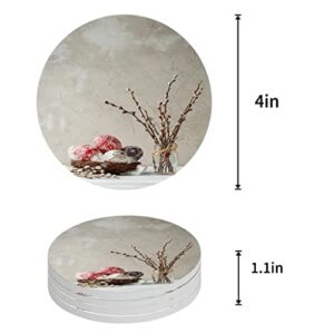 QUANJJ Easter Eggs Willow Branches Bottle Ceramic Coaster Set Coffee Tea Cup Coasters Kitchen Accessories Round Placemat (Color : D, Size : 4pcs)