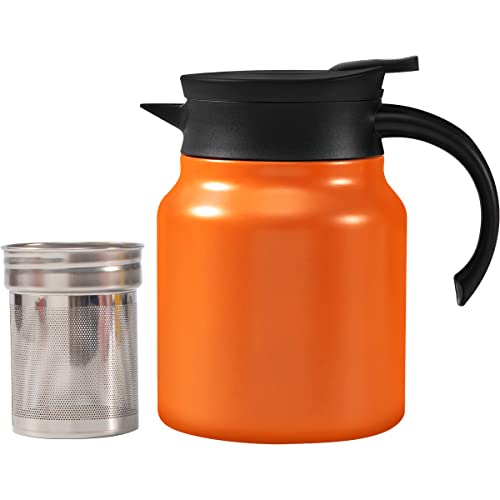 34oz Thermal Coffee Carafe with Tea Infuser/Smart Double Walled Vacuum Thermos with LED Display/Stainless Steel Tea Carafe/Tea Pot /12 Hour Heat & 24hr Cold Retention (Orange)