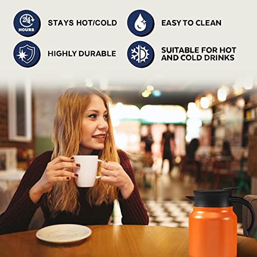 34oz Thermal Coffee Carafe with Tea Infuser/Smart Double Walled Vacuum Thermos with LED Display/Stainless Steel Tea Carafe/Tea Pot /12 Hour Heat & 24hr Cold Retention (Orange)