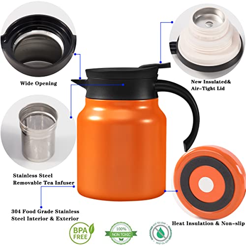 34oz Thermal Coffee Carafe with Tea Infuser/Smart Double Walled Vacuum Thermos with LED Display/Stainless Steel Tea Carafe/Tea Pot /12 Hour Heat & 24hr Cold Retention (Orange)