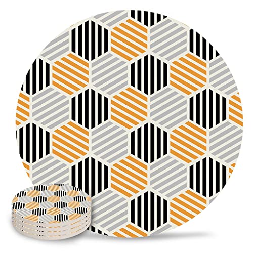 QUANJJ Art Hexagon Stripes Coasters Ceramic Set Round Absorbent Drink Coaster Coffee Tea Cup Placemats Table Mat (Color : D, Size : 6pcs)