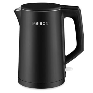 meison electric kettle, 1.7 l double wall food grade stainless steel interior water boiler, coffee pot & tea kettle, auto shut-off and boil-dry protection, 1200w, 2 year warranty(black)