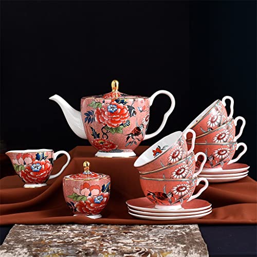 HOUKAI 15pcs European Style Bone China Coffee Set Golden Porcelain Tea Set Afternoon Teapot Sugar Bowl Milk Jug Coffeeware (Color : E)