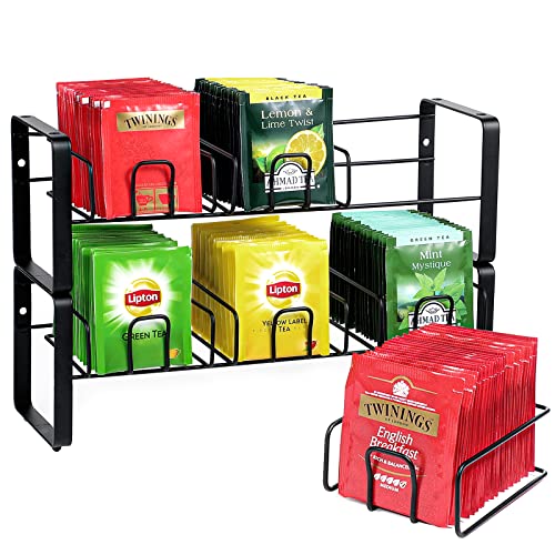 Koluti Tea Bag Holder Organizer 2 Tier, Stackable Wall-mounted Tea Storage Cabinet Stand with Removable Tray Basket, Coffee and Sugar Packet Rack for Counter, Holds 120 Tea Bags, Matte Black Metal