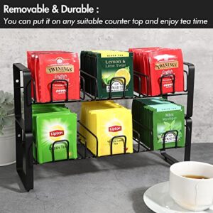 Koluti Tea Bag Holder Organizer 2 Tier, Stackable Wall-mounted Tea Storage Cabinet Stand with Removable Tray Basket, Coffee and Sugar Packet Rack for Counter, Holds 120 Tea Bags, Matte Black Metal