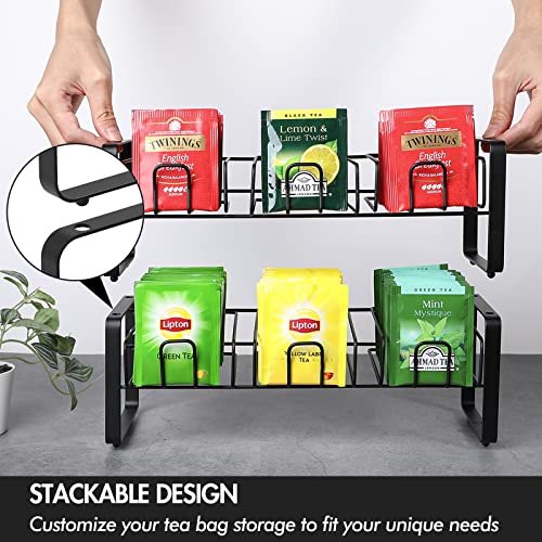 Koluti Tea Bag Holder Organizer 2 Tier, Stackable Wall-mounted Tea Storage Cabinet Stand with Removable Tray Basket, Coffee and Sugar Packet Rack for Counter, Holds 120 Tea Bags, Matte Black Metal