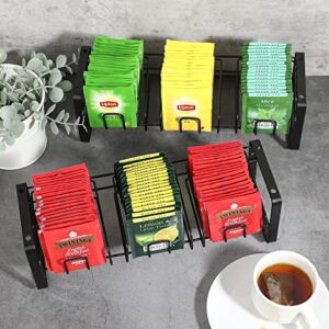 Koluti Tea Bag Holder Organizer 2 Tier, Stackable Wall-mounted Tea Storage Cabinet Stand with Removable Tray Basket, Coffee and Sugar Packet Rack for Counter, Holds 120 Tea Bags, Matte Black Metal