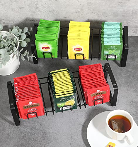 Koluti Tea Bag Holder Organizer 2 Tier, Stackable Wall-mounted Tea Storage Cabinet Stand with Removable Tray Basket, Coffee and Sugar Packet Rack for Counter, Holds 120 Tea Bags, Matte Black Metal