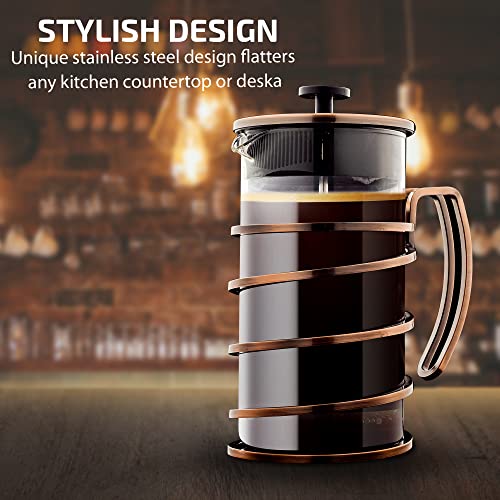 OVENTE Glass French Press Coffee Maker - 34 oz w/Stainless Steel Filter Plunger - Hot or Cold Brew, BPA Free Travel Coffee Press Camping Ready Coffee & Tea Maker - Spiral Copper FSW34C