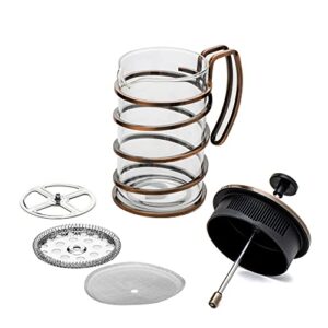 OVENTE Glass French Press Coffee Maker - 34 oz w/Stainless Steel Filter Plunger - Hot or Cold Brew, BPA Free Travel Coffee Press Camping Ready Coffee & Tea Maker - Spiral Copper FSW34C