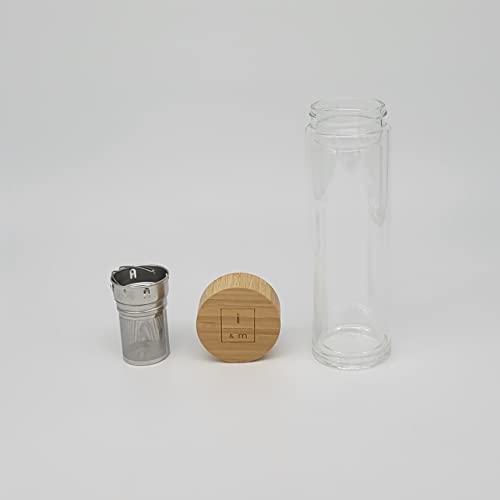 Infusions and more Bamboo and Glass Bottle with Tea Infuser and neoprene sleeve. 17oz. 500mlTravel bottle. Coffee cup, Iced tea tumbler, Hot and cold resistant., transparent