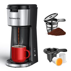 famiworths single serve coffee maker for k cup & ground coffee, with bold brew, one cup coffee maker, 6 to 14 oz. brew sizes, fits travel mug, classic black