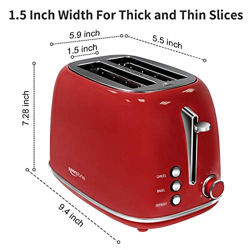 Toaster 2 Slice Stainless Steel Toaster Retro with 6 Bread Shade Settings, Bagel, Cancel, Defrost Function, 2 Slice Toaster with Extra Wide Slot, Removable Crumb Tray, Red