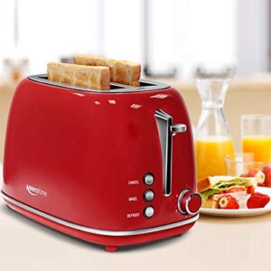 Toaster 2 Slice Stainless Steel Toaster Retro with 6 Bread Shade Settings, Bagel, Cancel, Defrost Function, 2 Slice Toaster with Extra Wide Slot, Removable Crumb Tray, Red