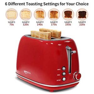 Toaster 2 Slice Stainless Steel Toaster Retro with 6 Bread Shade Settings, Bagel, Cancel, Defrost Function, 2 Slice Toaster with Extra Wide Slot, Removable Crumb Tray, Red