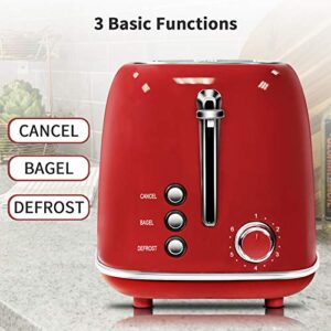 Toaster 2 Slice Stainless Steel Toaster Retro with 6 Bread Shade Settings, Bagel, Cancel, Defrost Function, 2 Slice Toaster with Extra Wide Slot, Removable Crumb Tray, Red