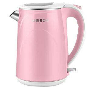 meison electric kettle, 1.7 l double wall food grade stainless steel interior water boiler, coffee pot & tea kettle, auto shut-off and boil-dry protection, 1200w, 2 year warranty(pink)