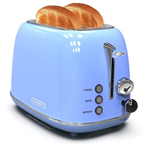 Toaster 2 slice, KitchMix Retro Stainless Steel Toaster with 6 Settings, 1.5 In Extra Wide Slots, Bagel/Defrost/Cancel Function, Removable Crumb Tray (Blue)